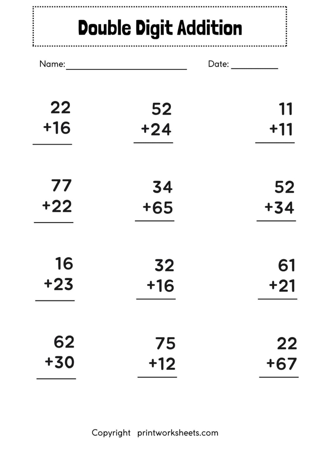 Double Digit Addition Without Regrouping Worksheets - Print Worksheets