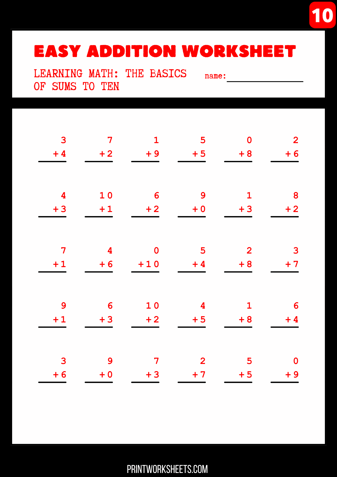 Addition Sums to 10 Worksheets - Print Worksheets