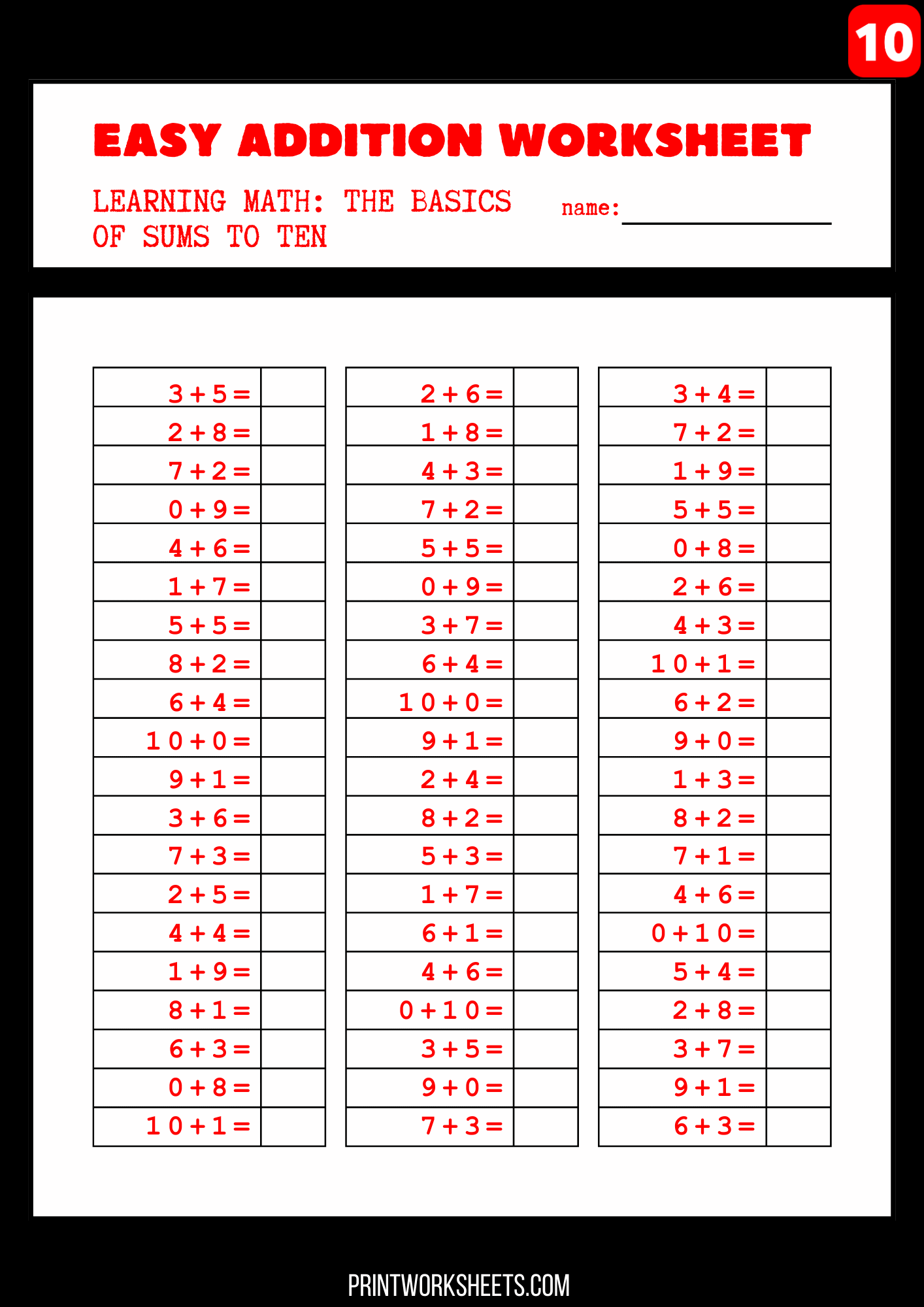 Addition Sums to 10 Worksheets