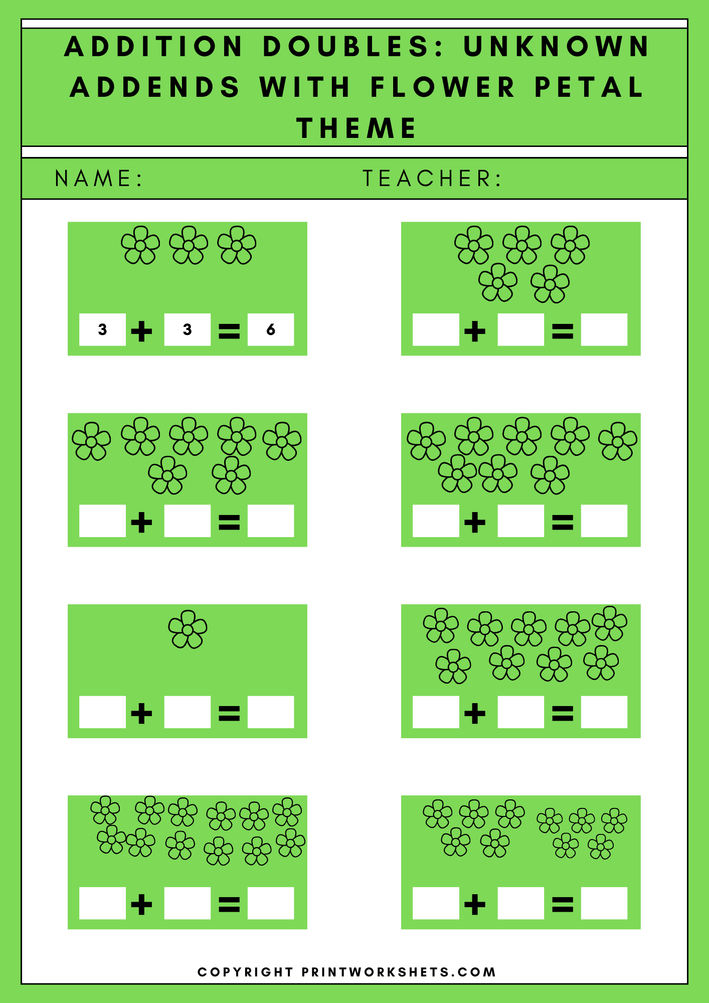 Addition Doubles with Ten Frames Worksheets: Missing Addends