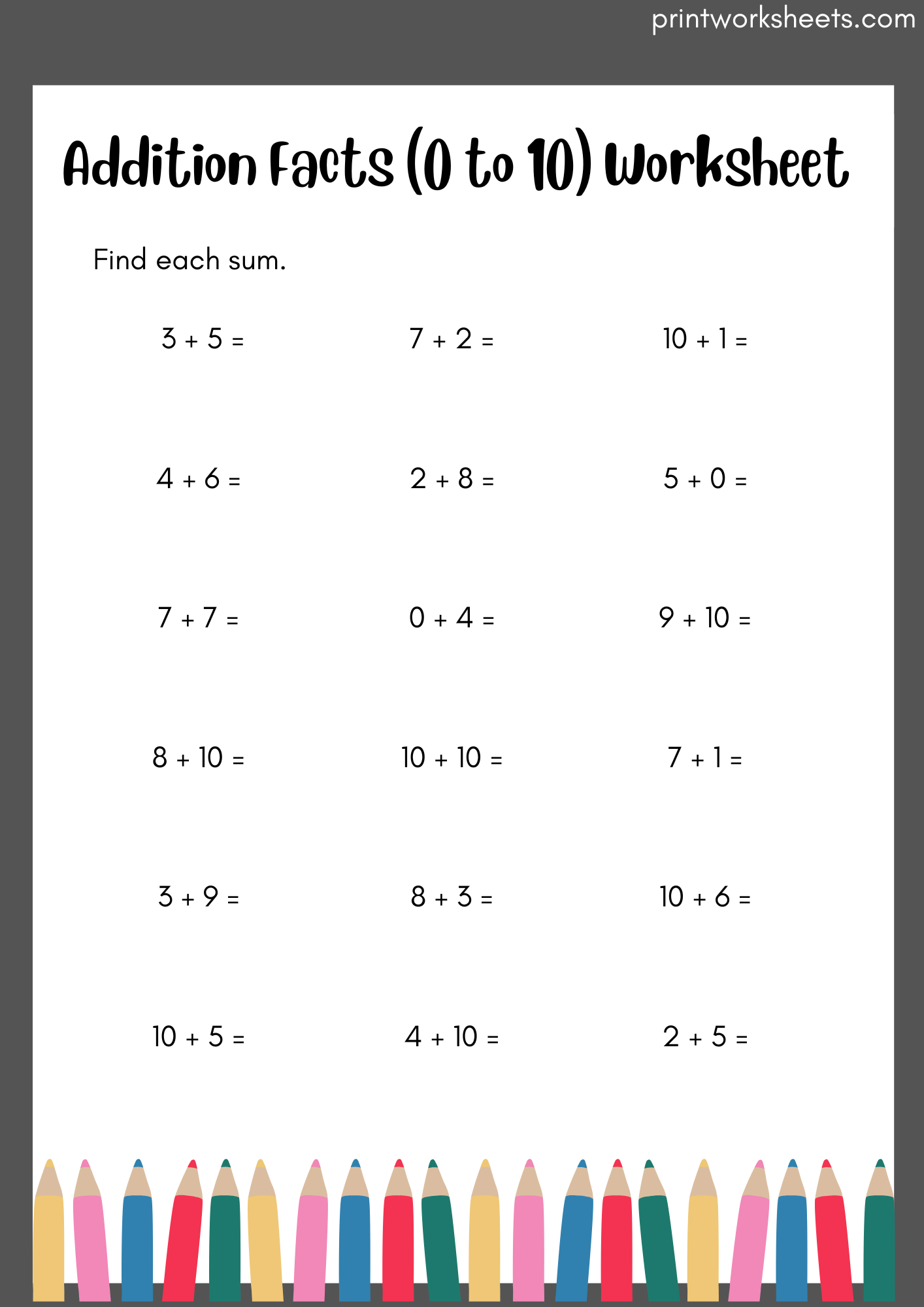 Addition Sums to 10 Worksheets - Print Worksheets