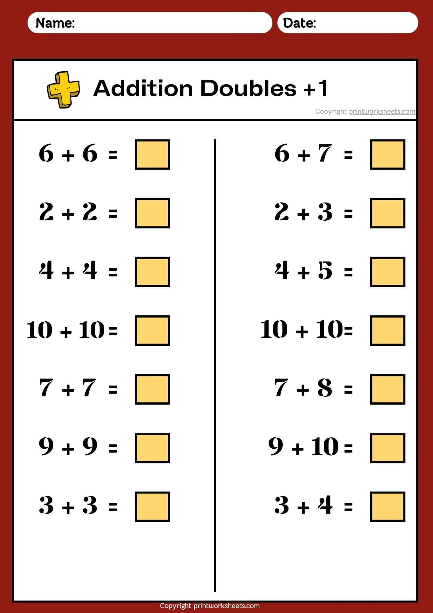 Addition Doubles + 1 Worksheets - Print Worksheets