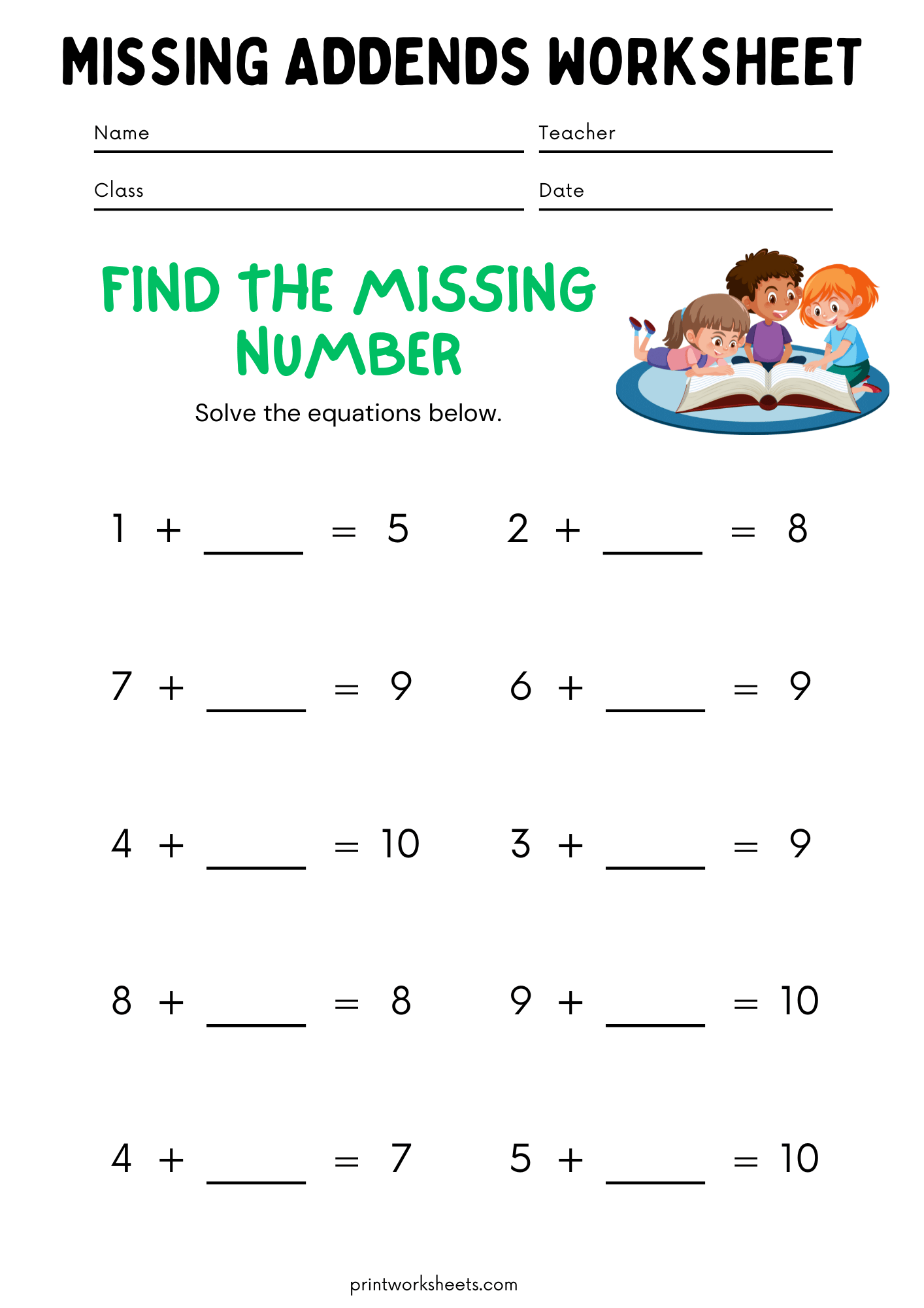 Missing Addends to Make 10 Worksheets