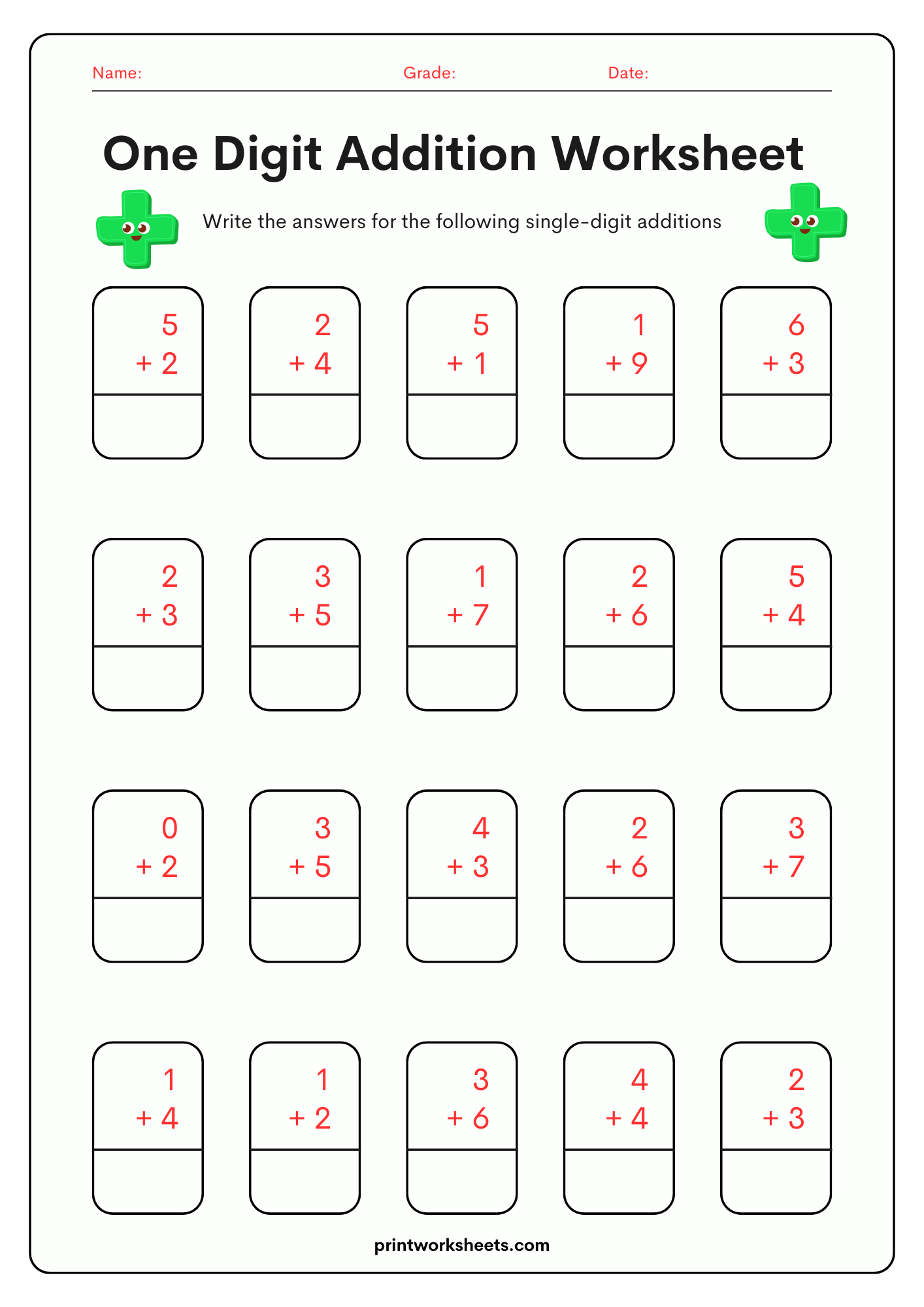 Single-Digit Addition Facts Worksheet Kindergarten