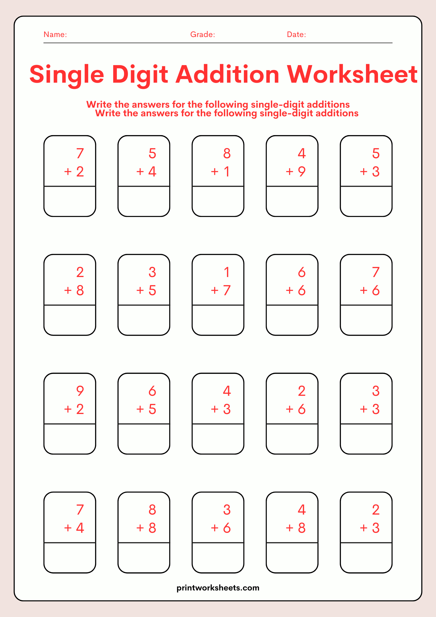 Single-Digit Addition Facts Worksheet Kindergarten