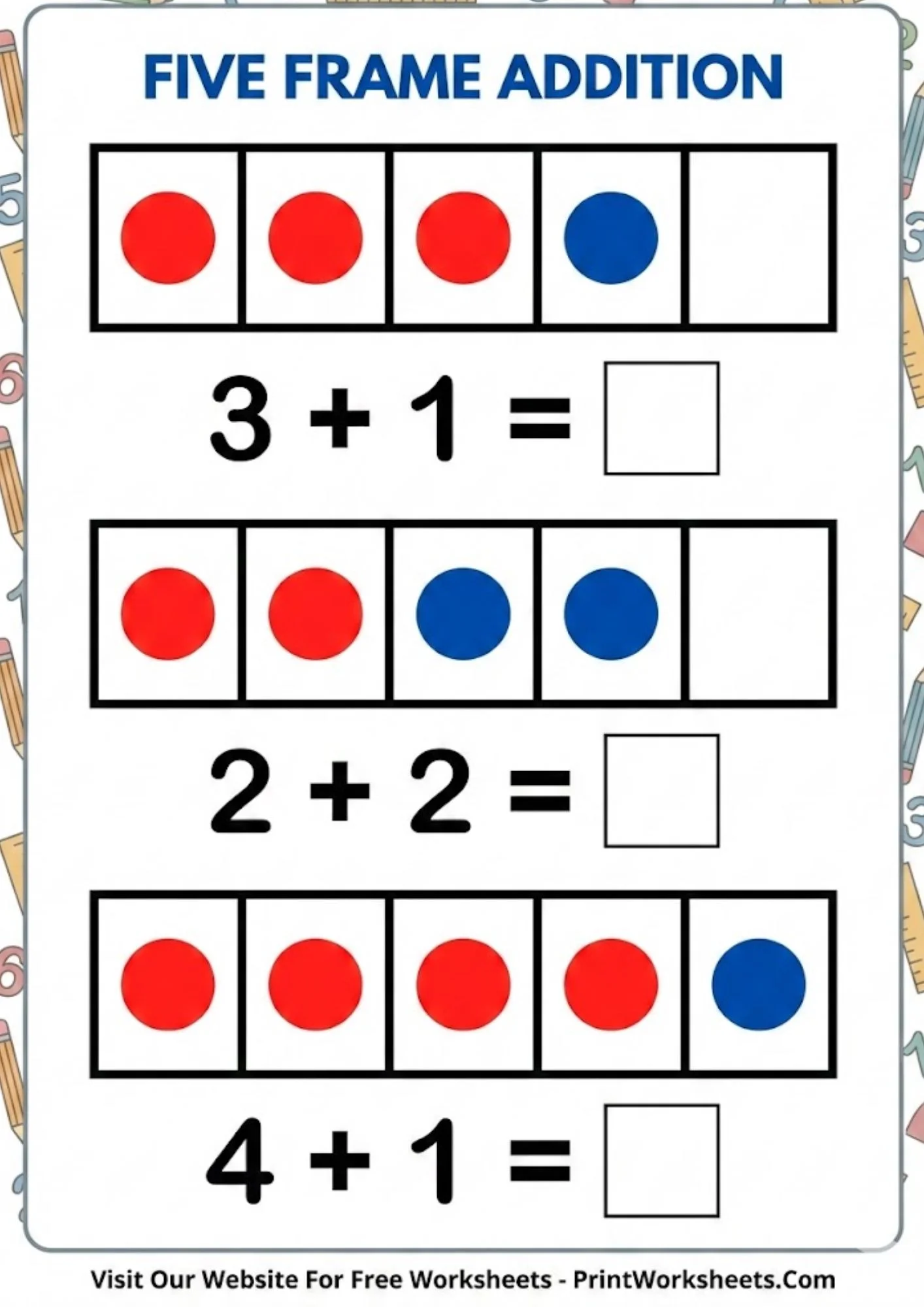 Five Frame Addition Worksheets Sums to 5 PDF - Print Worksheets