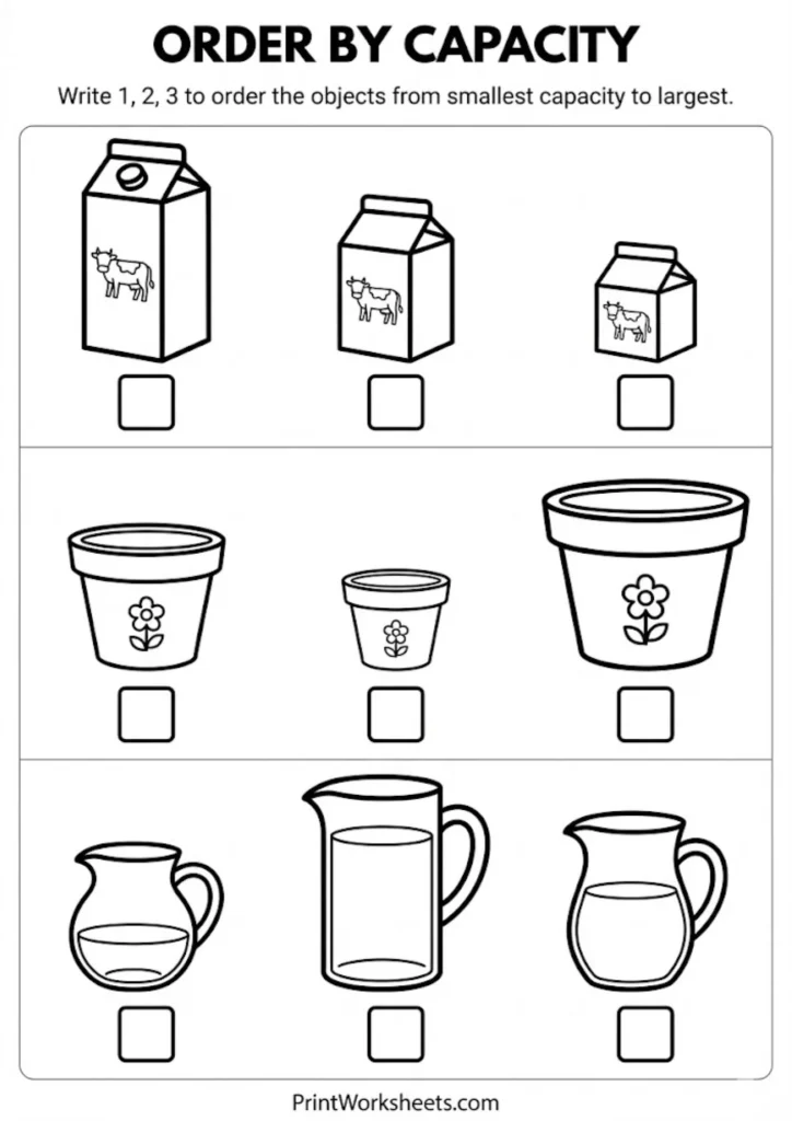 Free Ordering by Capacity Worksheet - 1 2 3 Sequence (PDF) - Print ...