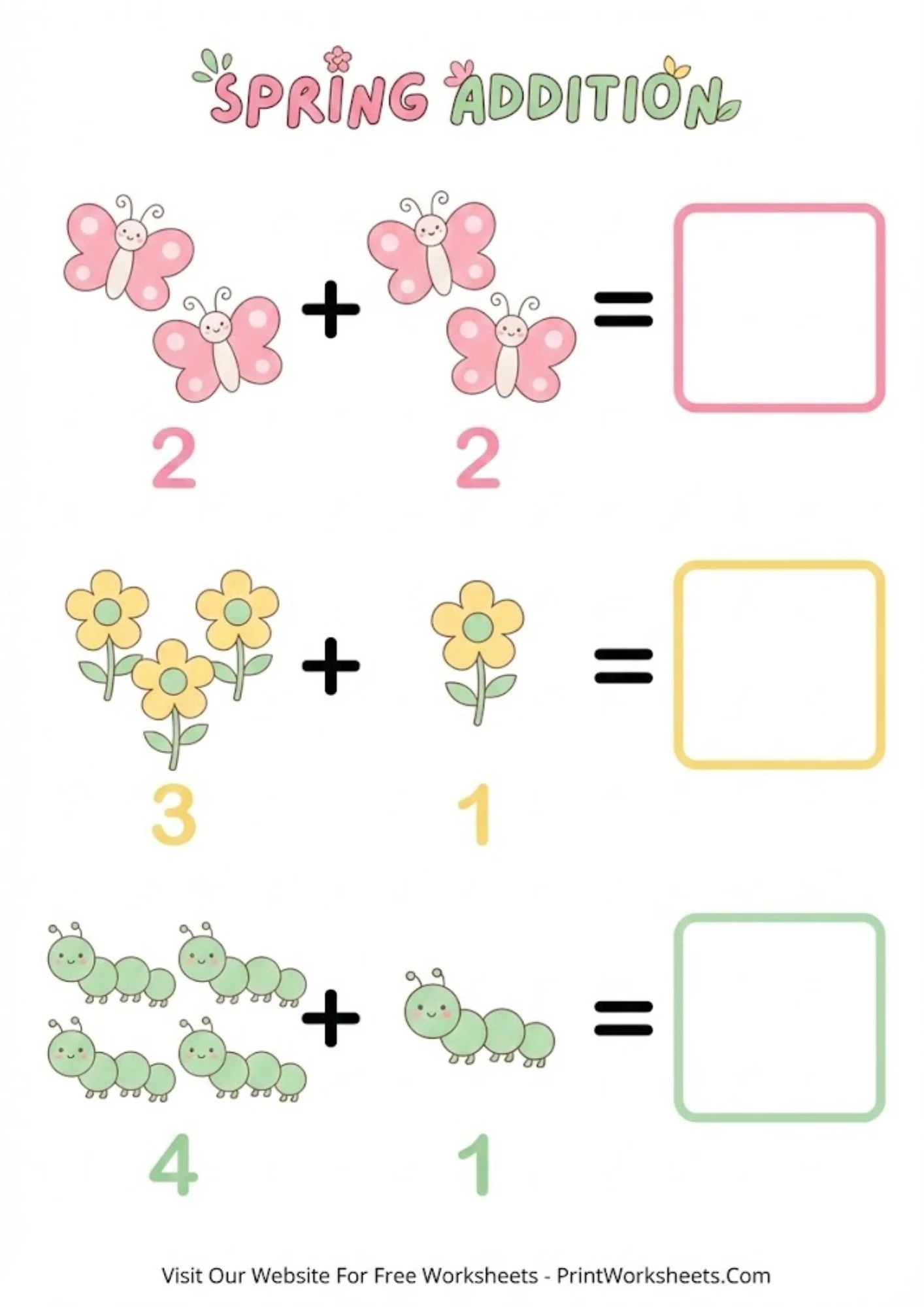 Spring Themed Simple Picture Addition Worksheets PDF - Print Worksheets