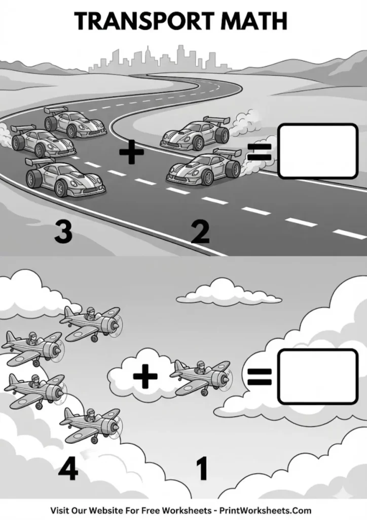 Vehicle Picture Addition for Kids Worksheets PDF - Print Worksheets