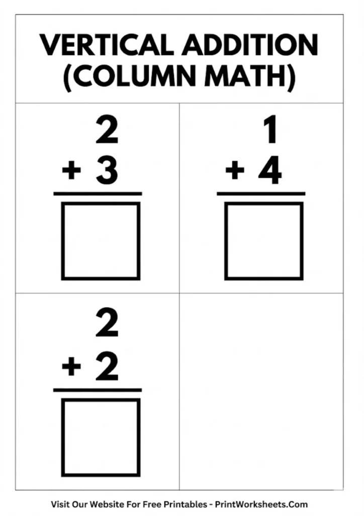 Vertical Addition to 5 Worksheets Column Math PDF - Print Worksheets