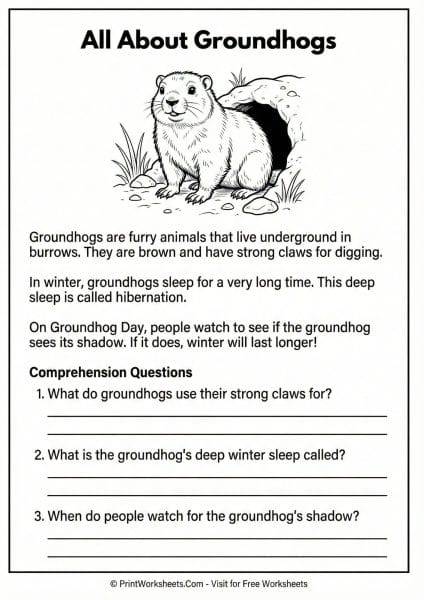 Free Groundhog Day Reading Comprehension & Hibernation Worksheets