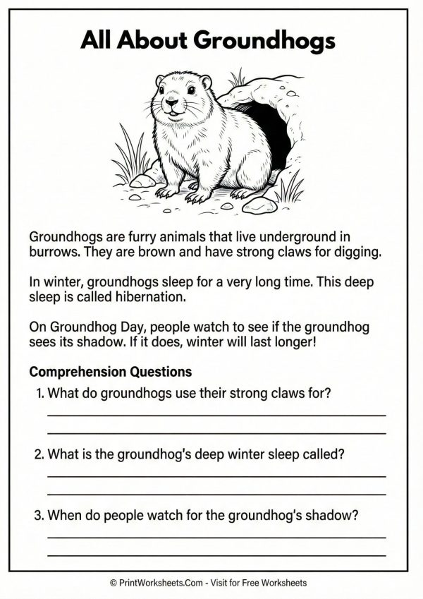 Free Groundhog Day Reading Comprehension & Hibernation Worksheets
