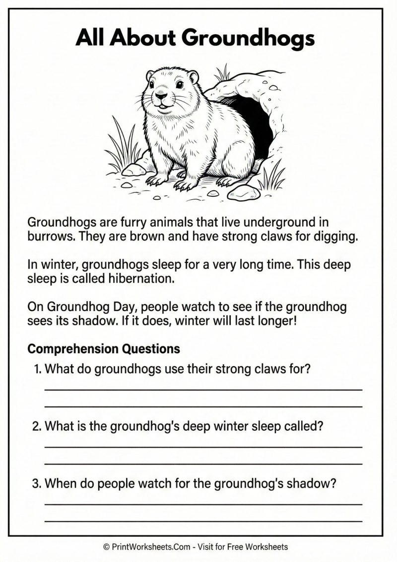 Free Groundhog Day Reading Comprehension & Hibernation Worksheets