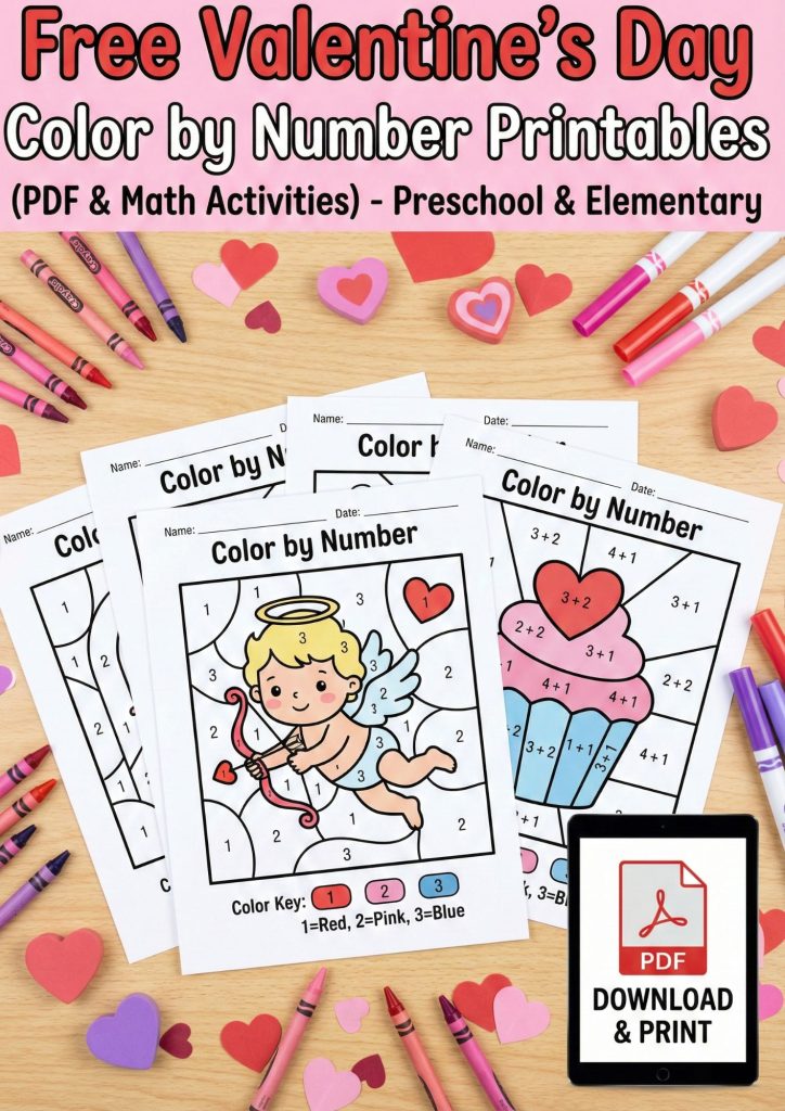 Valentine’s Day Color by Number Worksheets (Free PDF)
