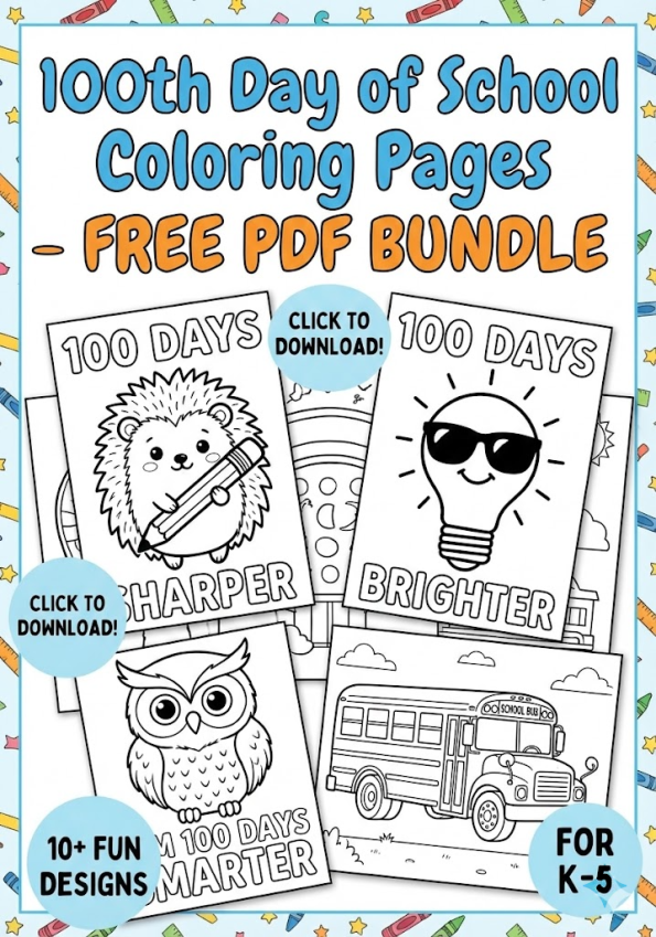 100th Day of School Coloring Pages Free Printable PDF Bundle