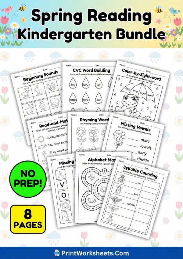 Spring Reading Worksheets for Kindergarten Printable PDF