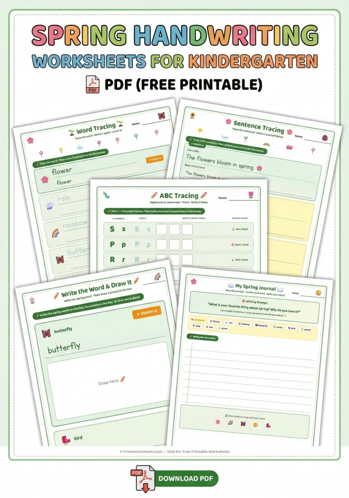 Spring Handwriting Worksheets for Kindergarten PDF (Free Printable)