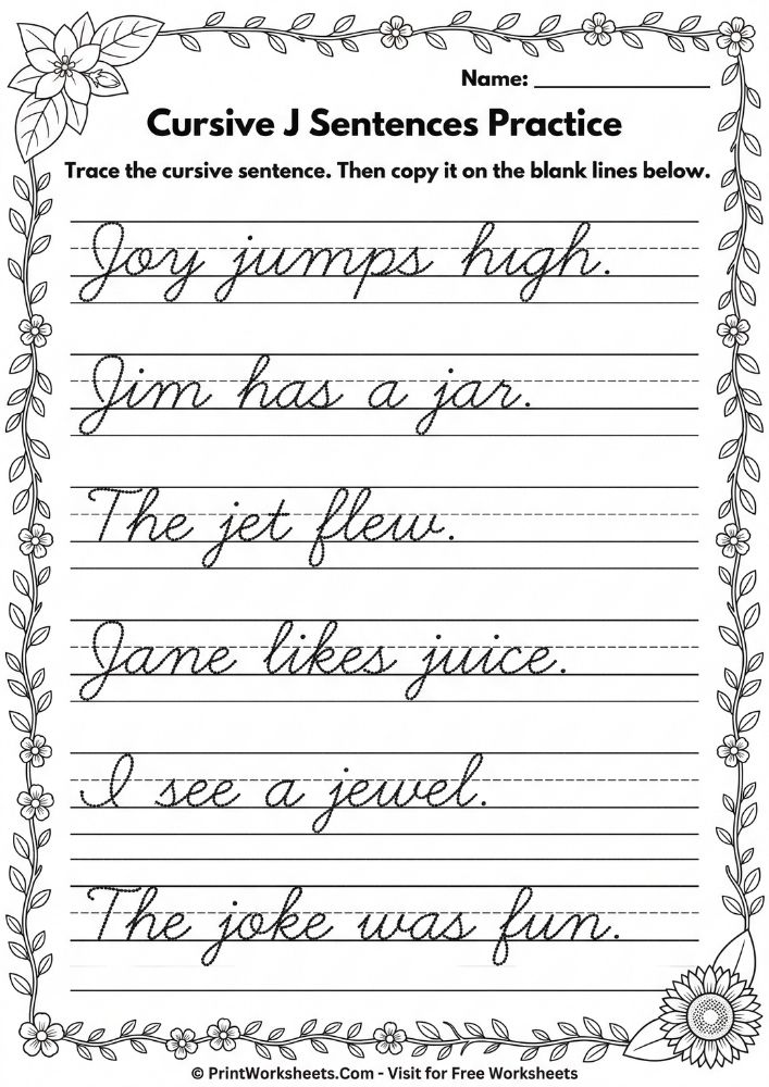 Cursive J Worksheet PDF – Free Handwriting Practice