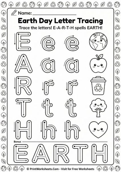 Free Earth Day Tracing Worksheets for Preschool PDF