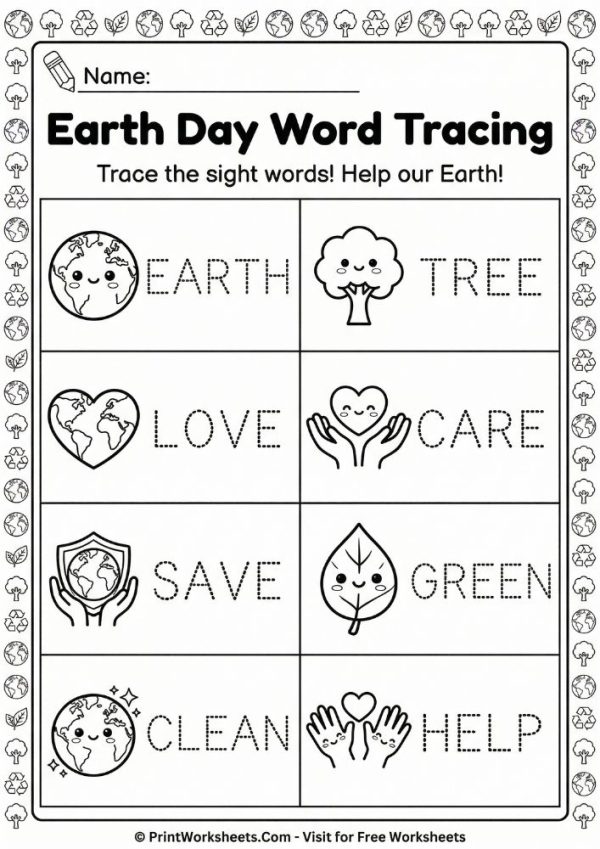 Free Earth Day Tracing Worksheets for Preschool PDF