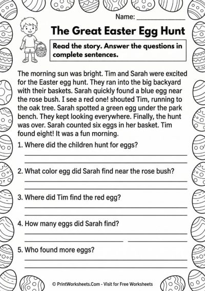 Easter Reading Comprehension Grade 3 Free – 8 Pages