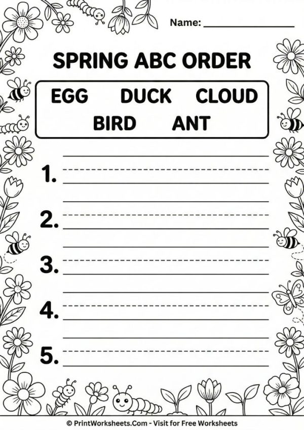 1st Grade Spring Alphabetical Order Worksheets (Free PDF)