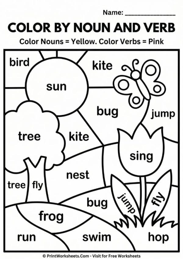 Spring Nouns and Verbs Sorting Worksheets for 1st Grade (Free PDF)