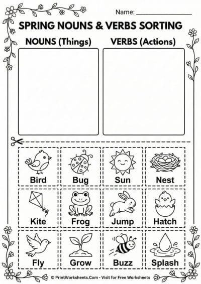 Spring Nouns and Verbs Sorting Worksheets for 1st Grade (Free PDF)