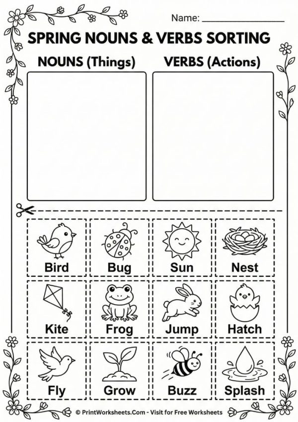 Spring Nouns and Verbs Sorting Worksheets for 1st Grade (Free PDF)