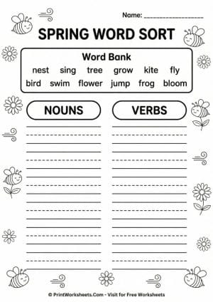 Spring Nouns and Verbs Sorting Worksheets for 1st Grade (Free PDF)