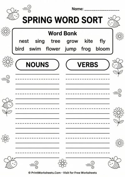 Spring Nouns and Verbs Sorting Worksheets for 1st Grade (Free PDF)