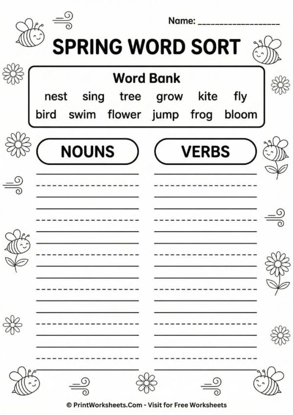 Spring Nouns and Verbs Sorting Worksheets for 1st Grade (Free PDF)