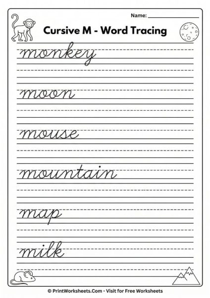 3rd Grade Cursive M Worksheets PDF: Uppercase & Lowercase
