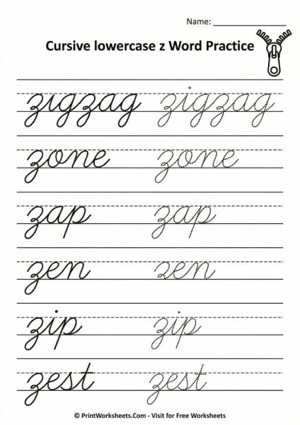 Cursive Letter Z Worksheet Free Printable PDF | PrintWorksheets.com