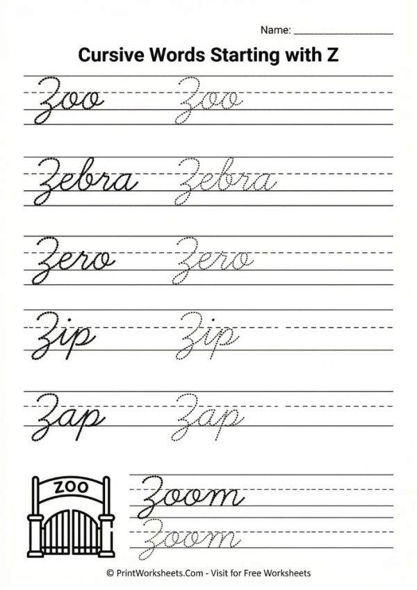 Cursive Letter Z Worksheet Free Printable PDF | PrintWorksheets.com