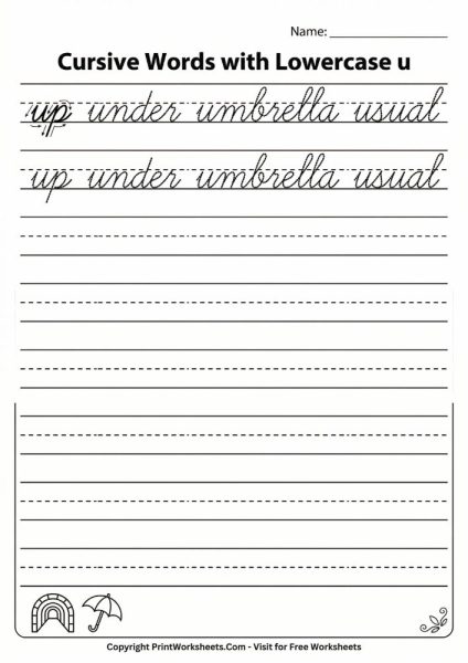 Cursive Letter U Worksheet – Free Printable PDF for Kids